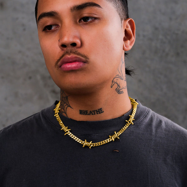 18 karat gold barbed wire cuban link necklace Statement Collective