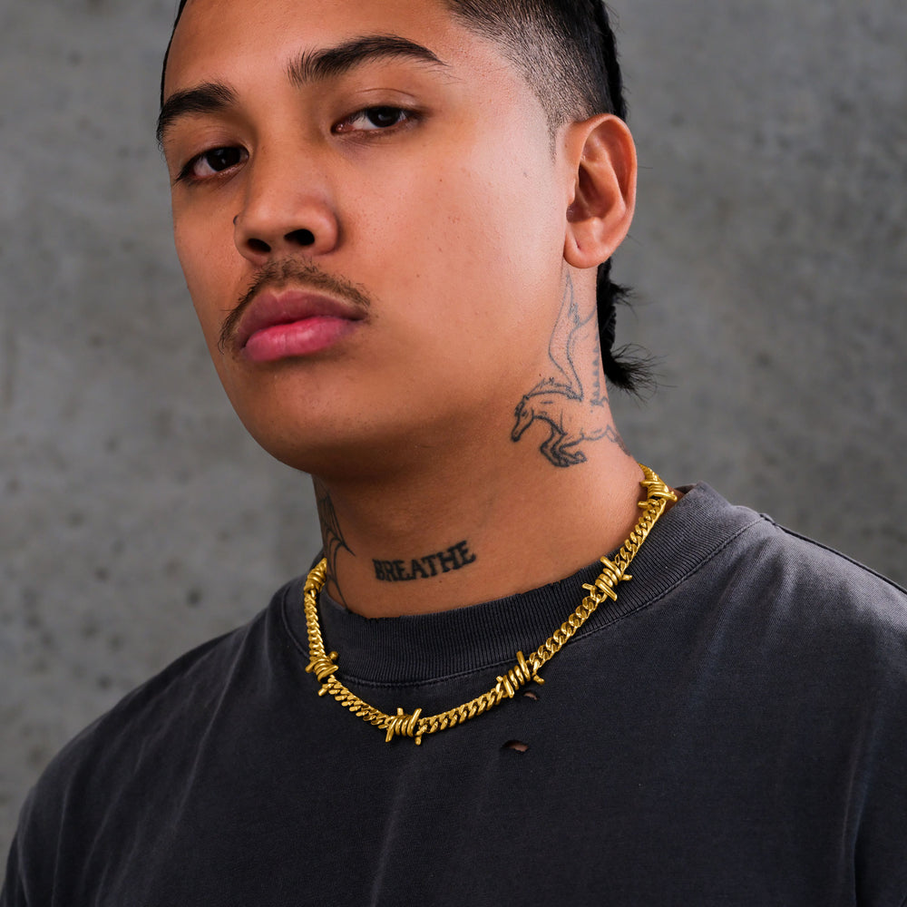 18 karat gold barbed wire cuban link necklace Statement Collective