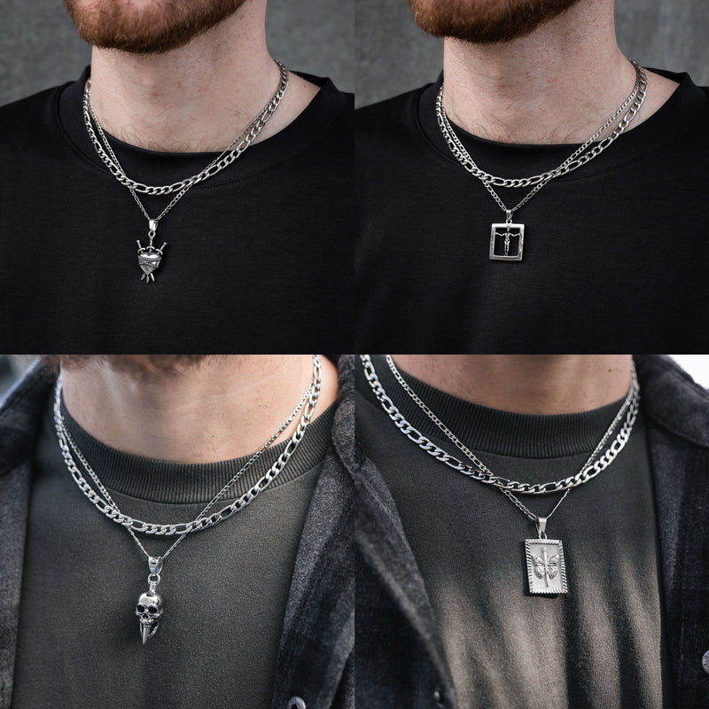 Stylish Figaro Chain Necklace Set With Pendant In Silver By Statement