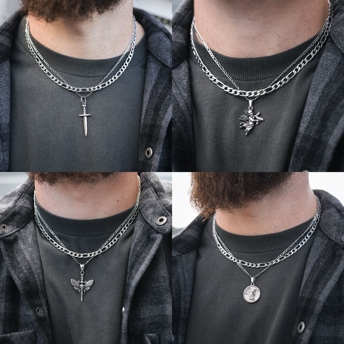 Stylish Figaro Chain Necklace Set With Pendant In Silver By Statement