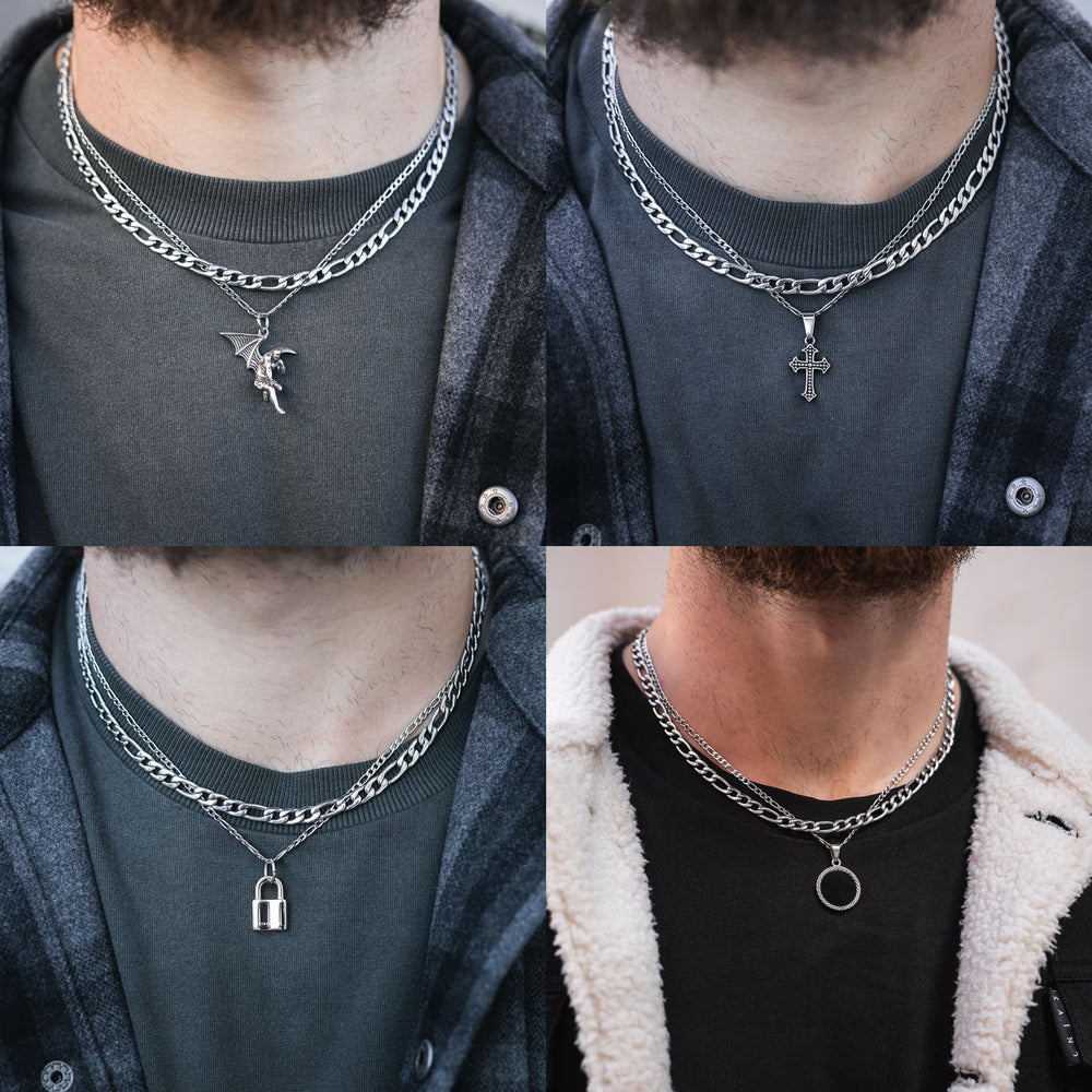 Stylish Figaro Chain Necklace Set With Pendant In Silver By Statement