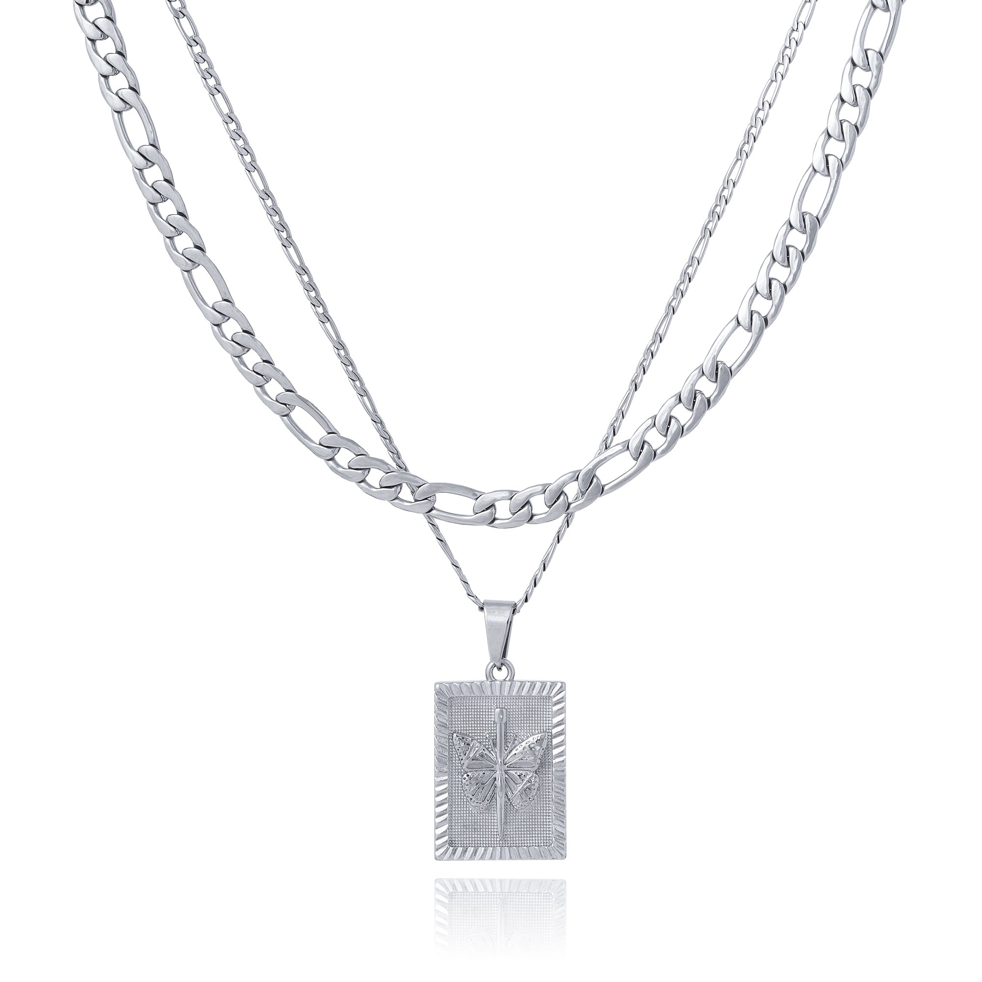 Stylish Figaro Chain Necklace Set With Pendant In Silver By Statement
