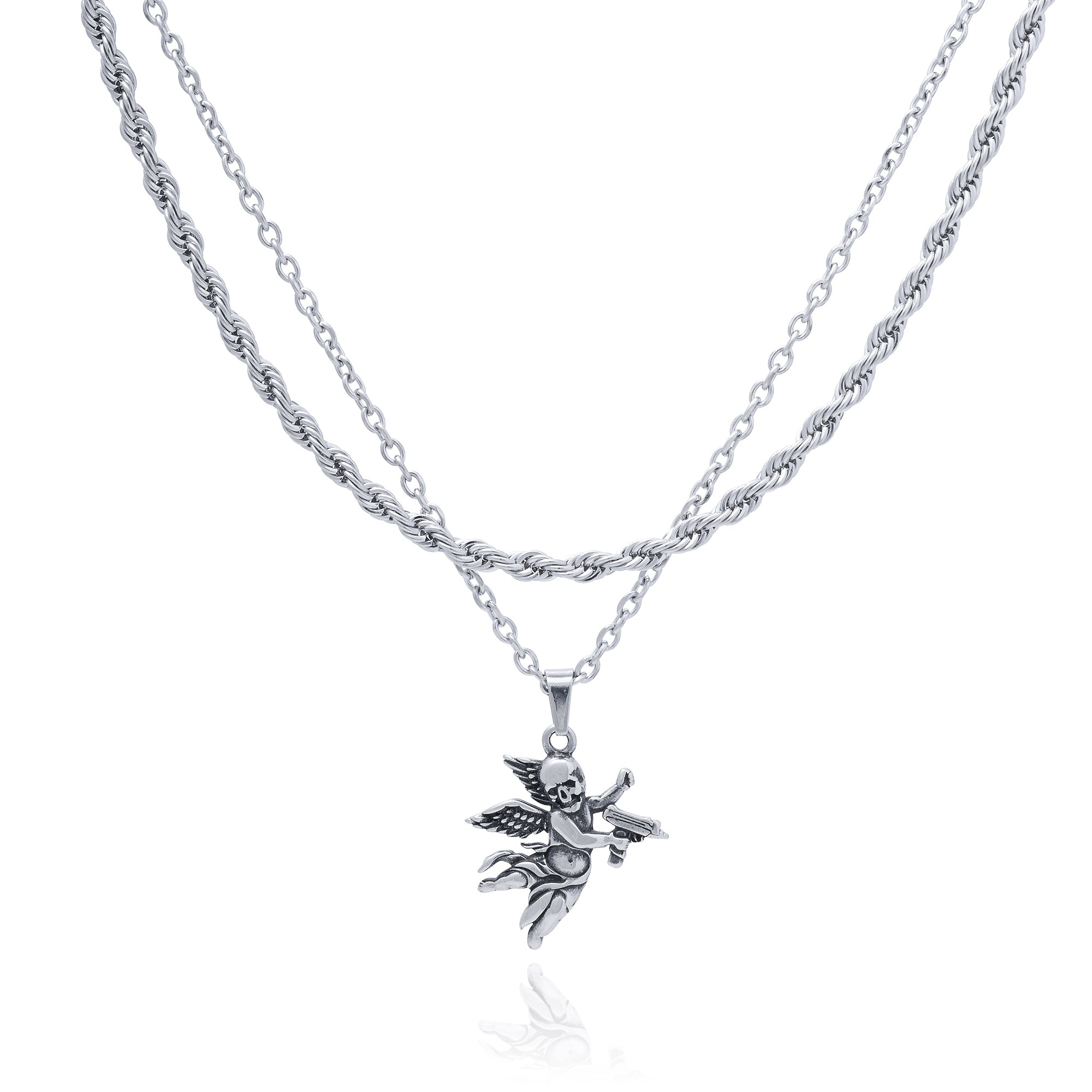 Beautiful silver rope chain necklace with stacked pendant by statement